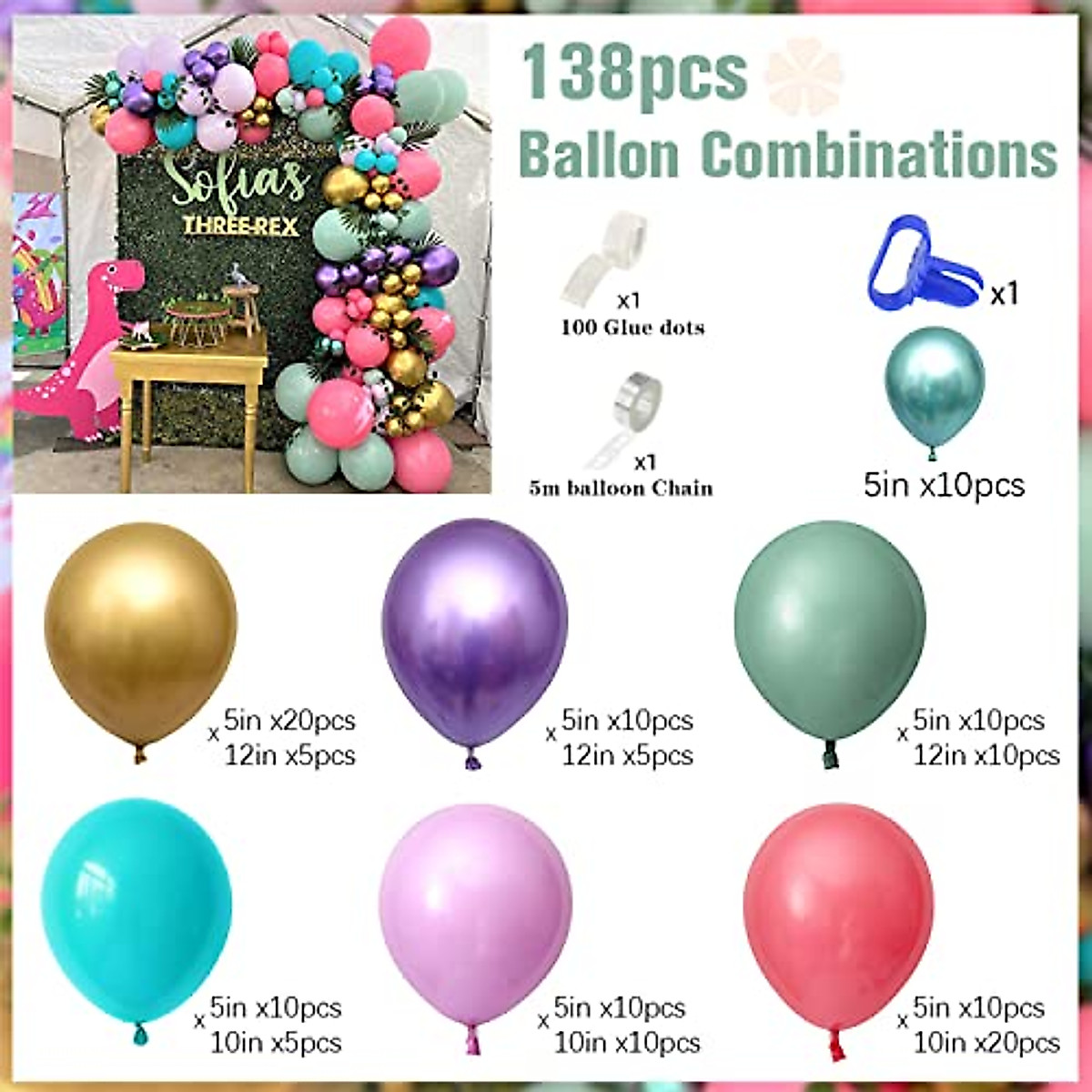 YSF 138pcs Tropical Balloons Arch Garland Kit,5“10“12 Inch Pink Purple Green Gold Blue Latex Balloon Garland Set Decorations for Hawaiian Luau Summer Theme Jungle Party,Baby Shower Wedding Birthday Party Background Decorations