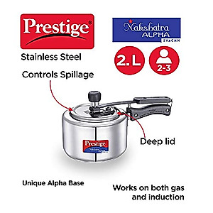 Prestige Nakshatra Alpha Svachh Stainless Steel Induction Base 2 Liter Pressure Cooker with Deep Lid for Spilage Control