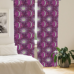 Lunarable Sun and Moon Window Curtains, Celestial Fantasy Composition with Constellations on Purple Backdrop, Lightweight Decor 2-Panel Set with Rod Pocket, Pair of - 28" x 63", Multicolor
