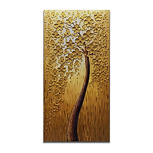 Yika Art, 3D Paintings Modern Abstract Oil Painting Hand Painted On Canvas Abstract Artwork Picture Wall Decoration for living room - Golden Lucky Tree Wall Art-24X48 Inch