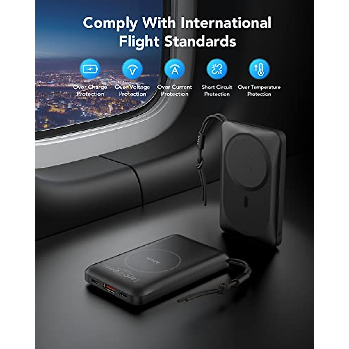 VRURC Magnetic Power Bank, 10000mAh Wireless Portable Charger iPhone, Max 22.5W Fast Charging, USB-C & USB Outputs,Magnetic Battery Charger for iPhone 14/13/12 Series, with Finger Holder - Black