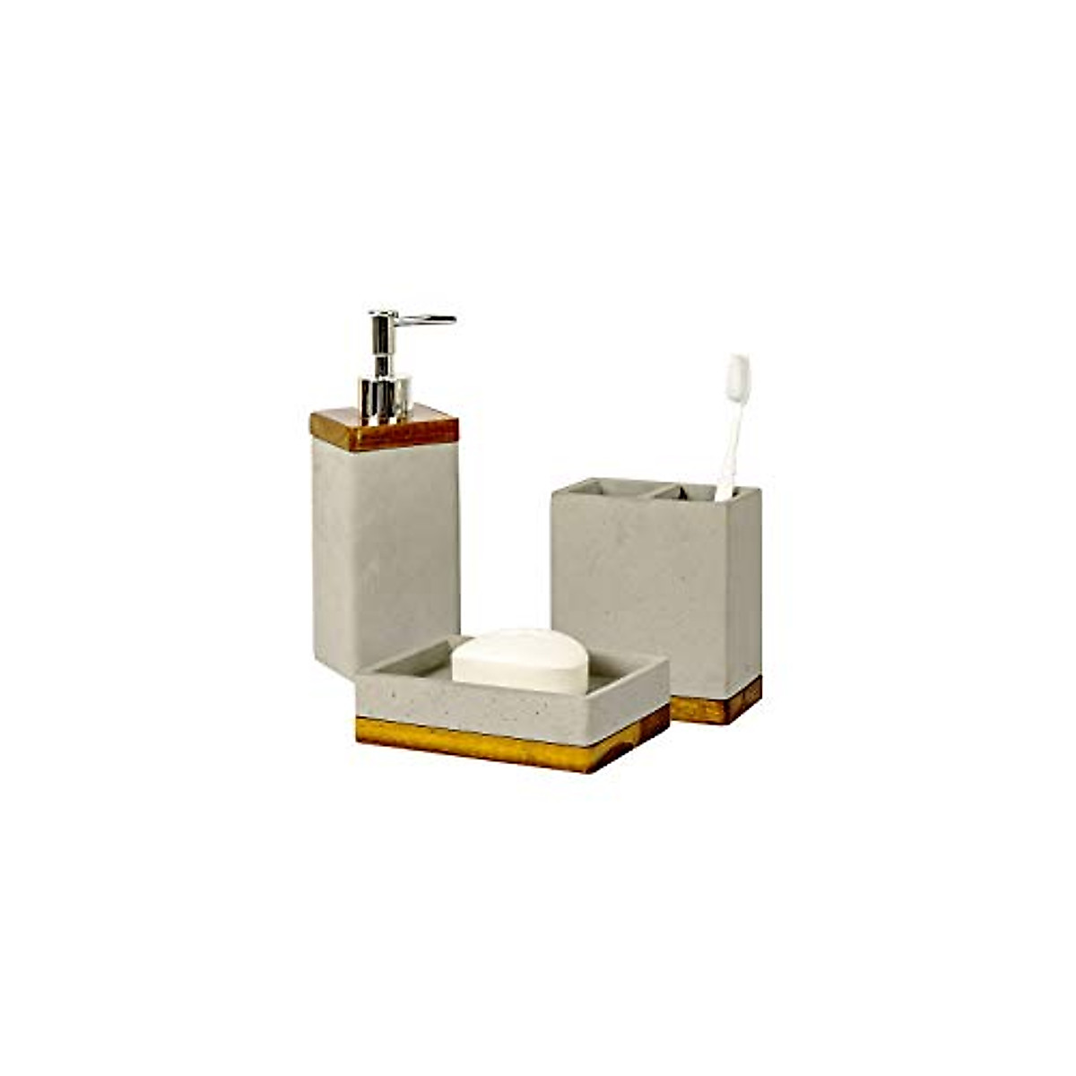 nu steel nusteel Concrete, Made of Cement Bath Accessory Set for Vanity Countertops, 3 Piece Luxury Ensemble Dish, Toothbrush Holder, soap and Lotion Pump, Grey Stone/Brown