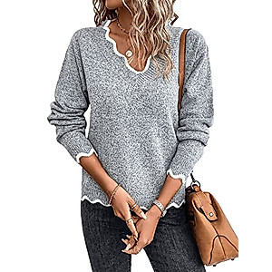 SweatyRocks Women's Long Sleeve V Neck Ribbed Knit Top Scallop Trim Drop Shoulder Pullover Sweater Light Grey M