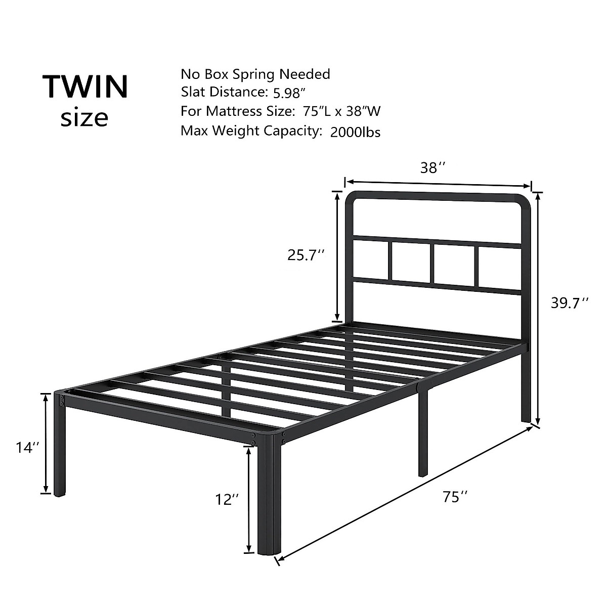 Riwanca 14 Inch Twin Size Bed Frames with Headboard, Heavy Duty Metal Platform Bed Frame Rounded Corners, No Box Spring Needed Mattress Foundation, Noise Free, Black