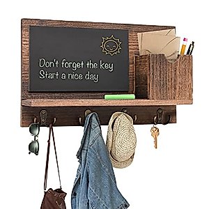 NUKied Key Holder for Wall Decorative, Mail Organizer Wall Mount with 4 Double Key Hooks and Message Board, Rustic Wooden Key and Mail Holder for Wall, Home Decor for Entryway, Hallway, Brown