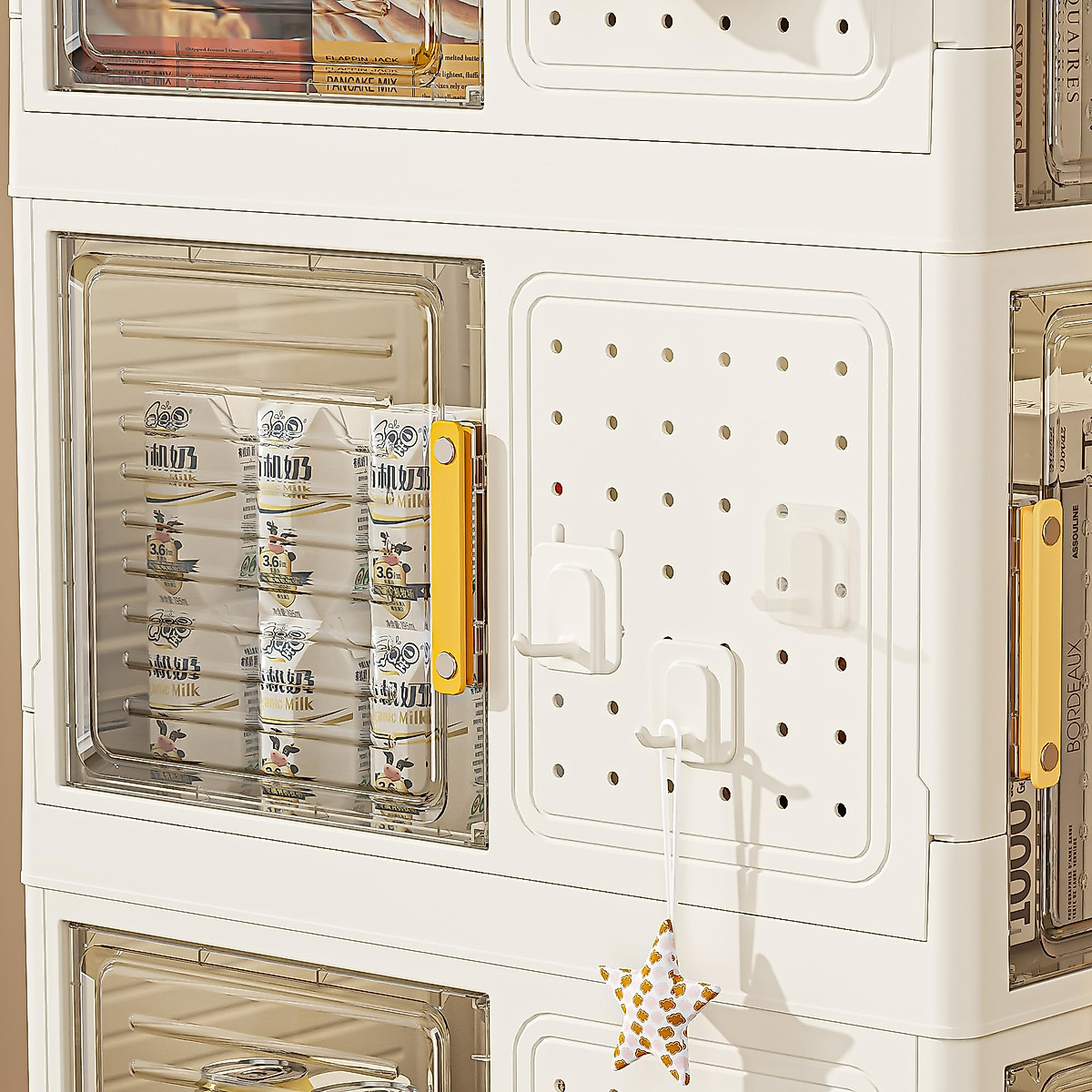 Runboll Storage Bins with Lids, 4-Tier Large Mobile Multifunction Utility Rolling Storage with 4 Pegboards & 8 Hooks Freely Adjustable, Stackable Storage Bins with Wheels for Every Room