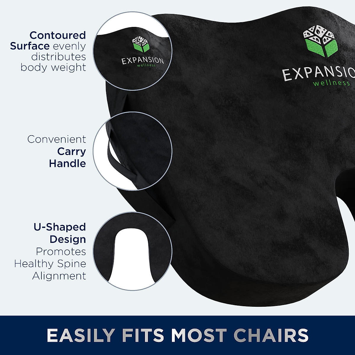 Seat Cushion for Office Chair – Memory Foam Tailbone Pillow Pad for Sitting, Computer, Desk, Chair, Car – Contoured Posture Corrector for Sciatica, Coccyx Back Pain Relief (Black)