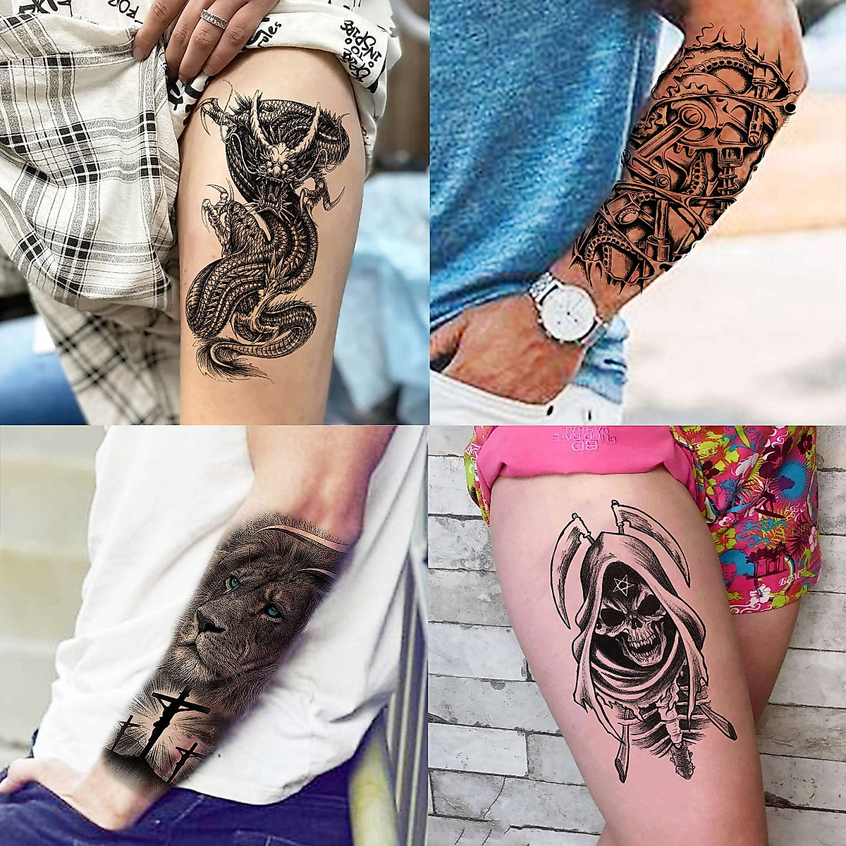 Rejaski 66 Sheets Black Eagle Dragon Temporary Tattoos For Men Women Thigh, Scary Halloween Tiger Lion Devil Skull Fake Tattoos For Adults, 3D Wolf Large Half Arm Sleeve Realistic Tatoo Forearm Teens