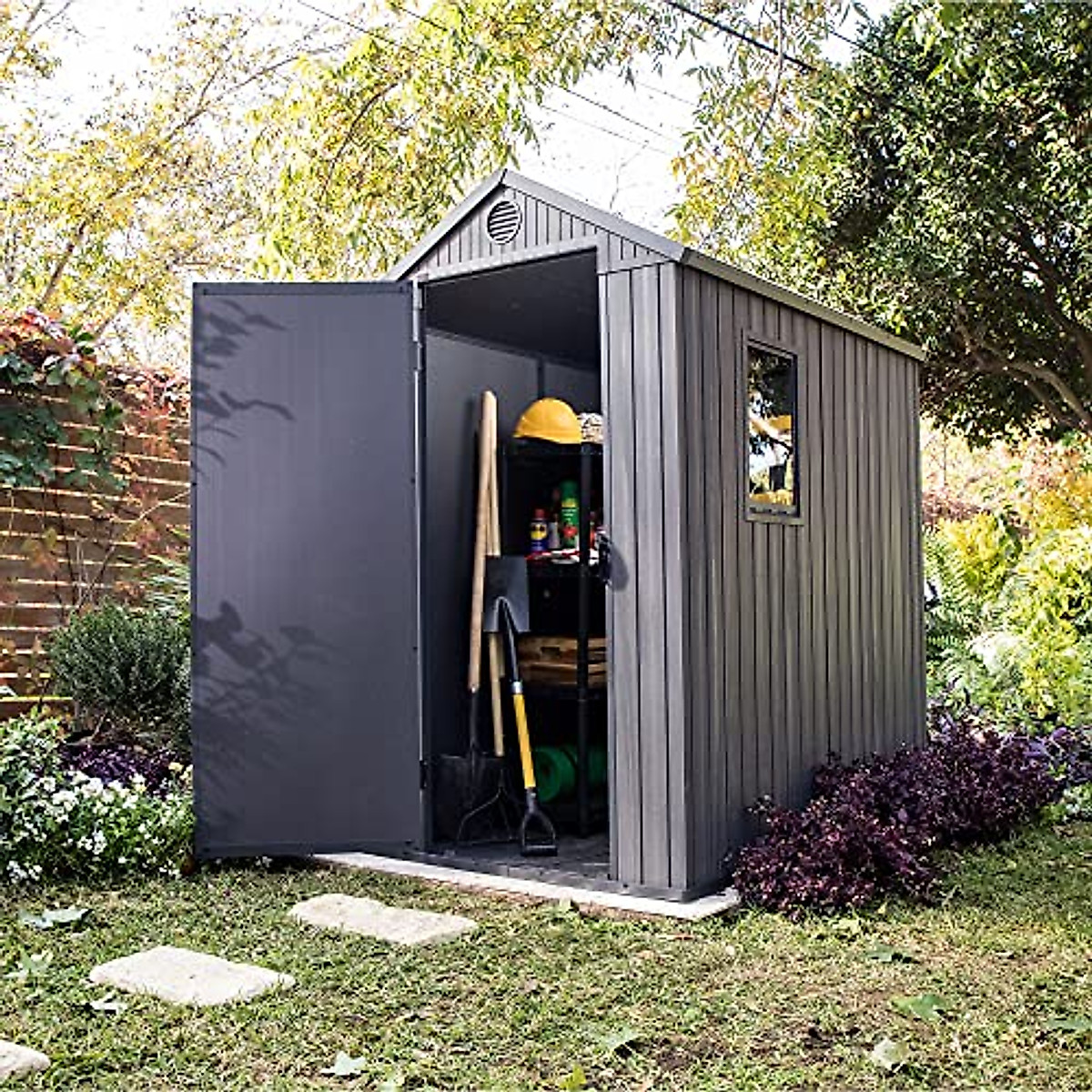 Keter Darwin 4 x 6 Foot Spacious Heavy Duty Storage Shed for Organizing Garden Accessories and Outdoor Tools with Lockable Door and High Ceiling, Gray