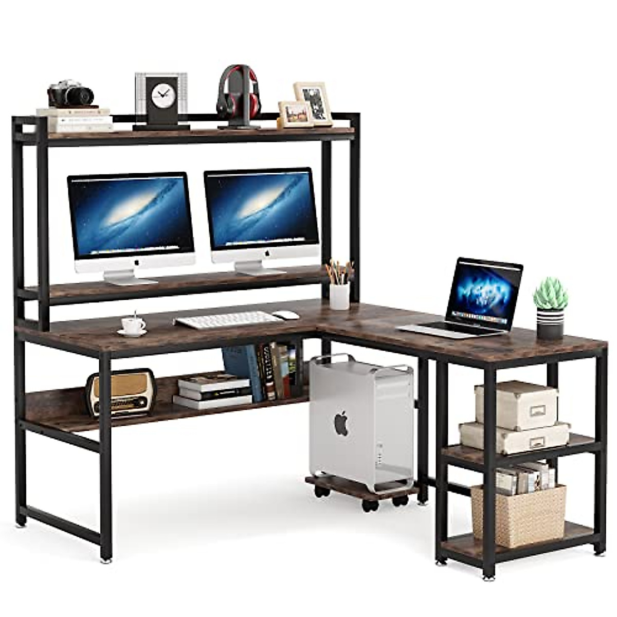 TRIBESIGNS WAY TO ORIGIN L-Shaped Desk with Storage Shelves, 59” Corner Computer Desk with Hutch, Industrial L Shaped Office Desk Gaming Table Workstation for Home Office (Rustic Brown)