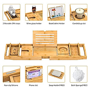 Bamboo Bathtub Tray for Luxury Bathroom, Expandable Premium Bath Tray w/Soap Towel Book Holder, Adjustable Bath Accessories for Tub,Extendable Tub Tray w/Wine Glass Cup Organizer 29.5"-43.3" Nature