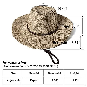 Womens Straw Sun Hat Classic Flat Beach Hat Mens Garden Hat Cowboy Style Hat with Wind Lanyard UPF 50+ Summer Hat Beige