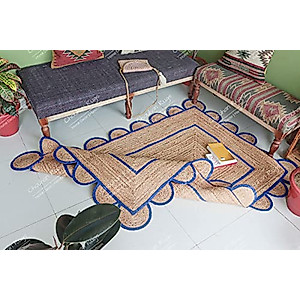 Chouhan Rugs Area Rug Natural Jute Hand Braided Rug Light Blue Scalloped Runner