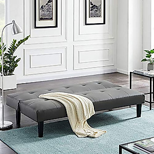 LTT Futon Sofa Bed, Futon Couch, Folding Sofa Bed Dual-Purpose Multi-Functional Grey Pu Solid Wood Legs Sofa Bed