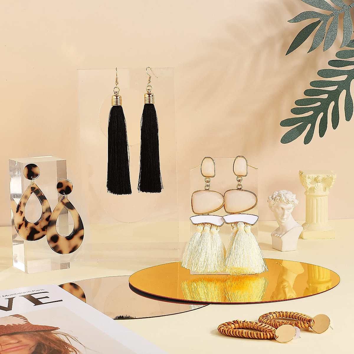 Hicarer 8 Pairs Handmade Rattan Drop Dangle Earrings Statement Acrylic Earrings Geometric Woven Wicker Earring Boho Straw Earrings Tassel Hook Earrings for Women(Simple Style)