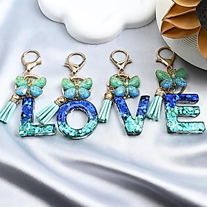 JINGUAZI Initial letter Keychains for Women Tassel Butterfly Pink Purple Cute Car Keychain for Wallet Backpack bag charm (S-Blue Green)