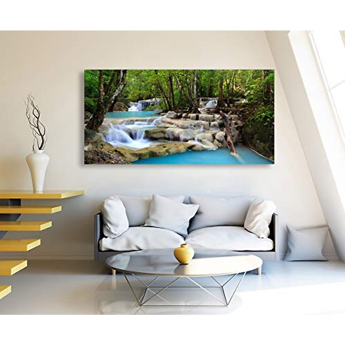 S01574 1 Panels Wall Art Tropical Beautiful Waterfall Prints Light Green Forest Natural Landscape Picture Canvas Paintings Scenery Spring Summer landscape for Home Wall Decor Artwork XXLarge