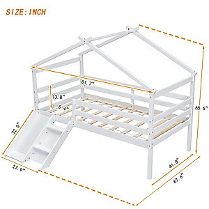 Bekeknlny Twin Low House Bed for Kids with Slide, Ladder, Safety Guardrails, Modern Wood Loft Bed for Boys Girls, No Box Spring Needed (White/House*L, Twin)