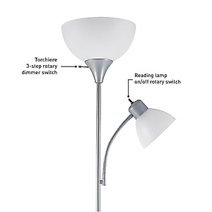 Globe Electric 67134 72" Torchiere Floor Lamp + Adjustable Reading Light, Silver, Frosted Plastic Shade, 3-Step Rotary Switch on Socket, Living Room Décor, Reading Light, Home Essentials, Bedroom