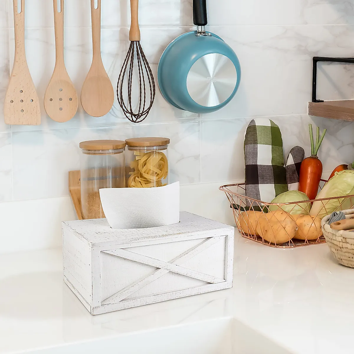 Karisky Rustic Rectangular Fir Wood Tissue Box Cover Holder with Slide-Out Bottom Panel, Farmhouse Paper Facial Dispenser for Bathroom, Bedroom, Night Stands, Office, 10 x 6 x 5 inch, White