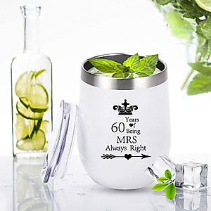 HLIKEM Pack Of 2 Wine Tumbler 60 Years Mr Right Mrs Always Right 60th Wedding Engagement Anniversary Cups for Couple Parents Stainless Steel Wine Glass with Straws and Brush