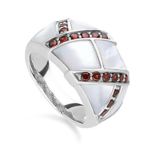 Ivy Gems Sterling Silver Rhodolite Garnet Ring with Mother of Pearl Promise Ring Contemporary Design for Women January Birthstone Anniversary Dome Band Ring Size 6