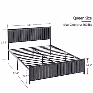 VECELO Queen Bed Frame with Upholstered Tufted Headboard & Footboard, Heavy Duty Steel Slats Platform, No Box Spring Needed, Grey
