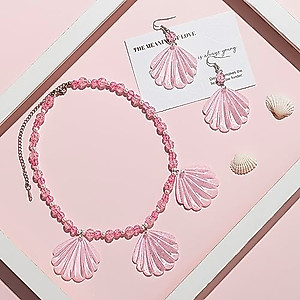 Qiuseadu Pink Seashell Necklace Earrings Set Girls Costume Dress Up Accessories Jewelry for Girls Women