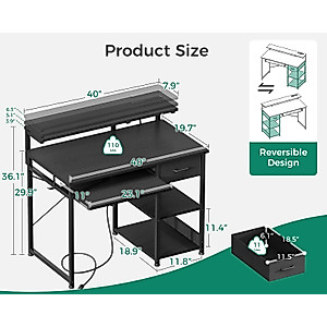 AODK Small Computer Desk with Keyboard Tray, 40 Inch Gaming Desk with Power Outlet, Office Desk with Drawer, Reversible Desk with Adjustable Monitor Shelf and Storage Shelf for Home Office, Black
