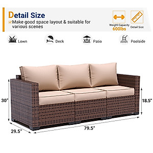 UDPATIO 3-Seat Patio Wicker Sofa, Outdoor Rattan Sectional Couch Furniture Steel Frame w/Furniture Cover Non-Slip Cushion and Deep Seating High Back, Khaki