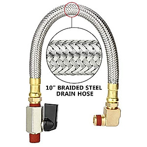 HK Extended Tank Drain Assembly Kit with 10 Inch Braided Steel Hose 1/4 Inch Drain Valve and Elbow Fitting for Air Compressor