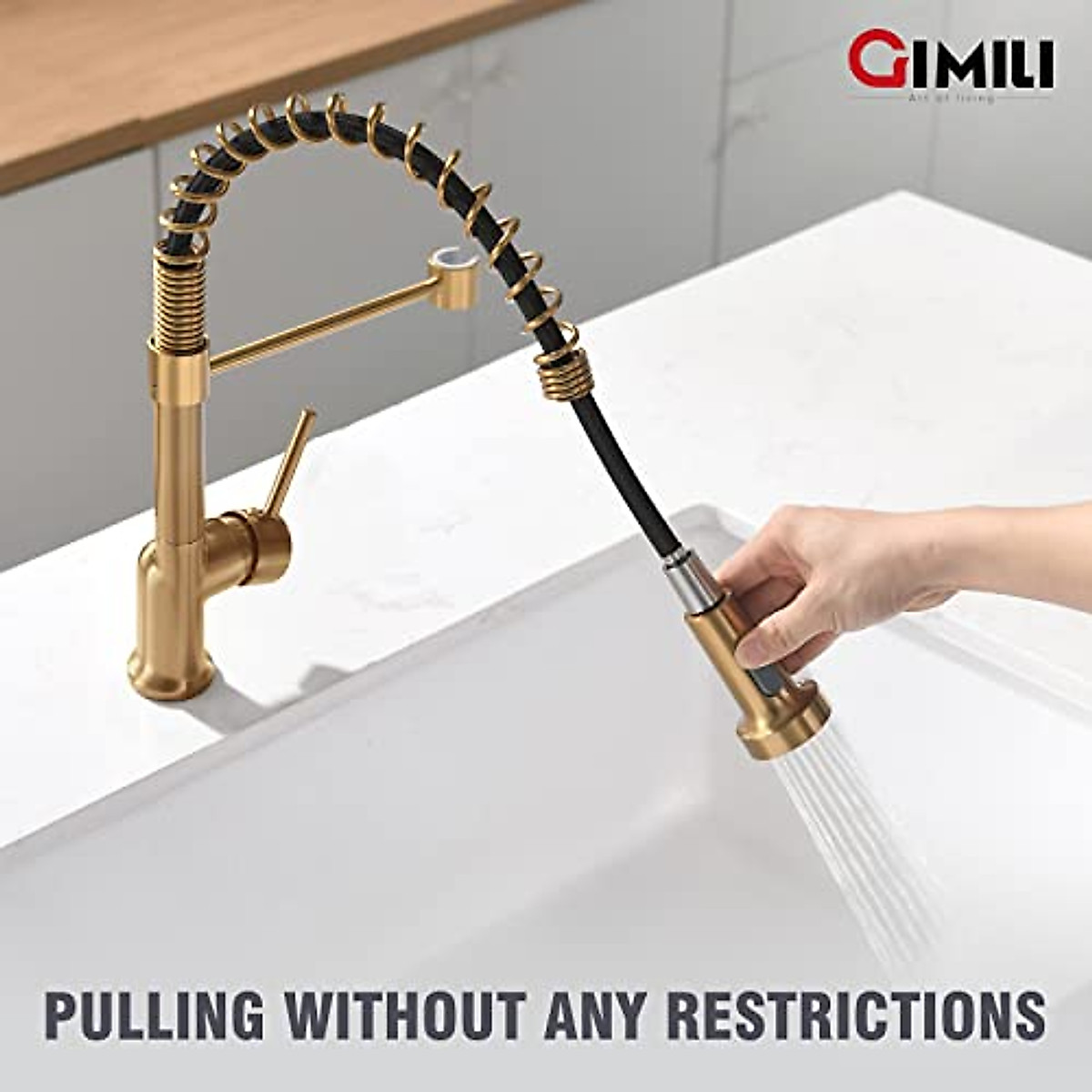 GIMILI Brushed Gold Kitchen Faucet with Pull Down Sprayer Brass Single Handle Spring Kitchen Faucets, RV Farmhouse Utility Bar Laundry Faucet for Kitchen Sink