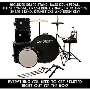 Rise by Sawtooth Full Size 5-Piece Student Drum Set with Hardware and Cymbals, Red Sparkle