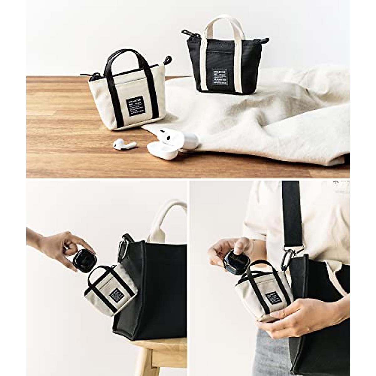 Ringke Mini Pouch Tote Bag Compatible with AirPods Pro Case and AirPods 3rd, 2nd, 1st Generation Case, Galaxy Buds Pouch, Universal Wireless Ear Buds Cover with Keychain for Women, Men - Black