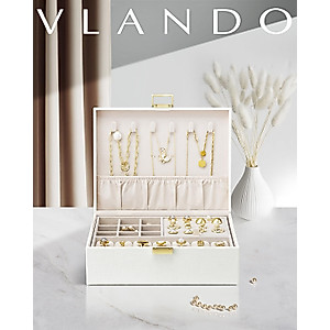 Vlando 2 Layer Jewelry Box Large Jewelry Organizer for Women Removable Jewelery Tray for Necklace Earrings Rings Bracelets Jewelry Boxes for Christmas Gifts Wedding Gifts (Cream White)