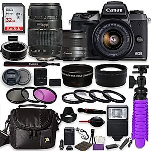 Canon EOS M5 Mirrorless Digital Camera (Black) Bundle w/Canon EF-M 15-45mm is STM & Tamron 70-300mm Di LD Lenses + Auto (EF/EF-S to EF-M) Mount Adapter + Gadget Bag + Accessories (Renewed)