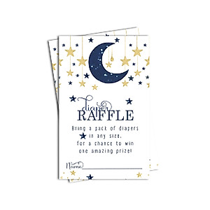 Twinkle Little Star Diaper Raffle Tickets, Celestial Baby Shower Games for Prizes, Navy and Gold Baby Shower Diaper Raffle Invitation Insert Cards, 50 Pack