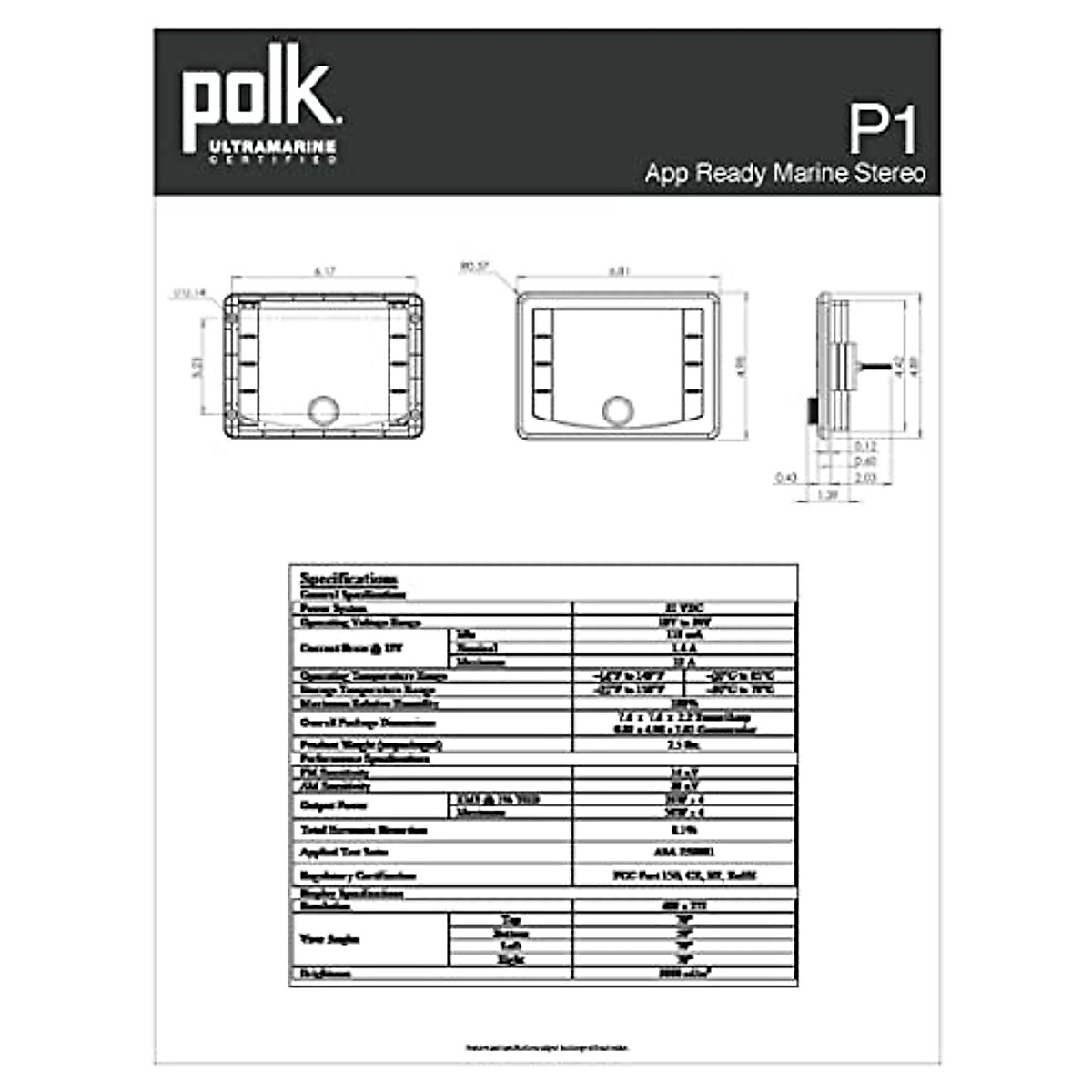 Polk Ultramarine P1 App Ready|Bluetooth| Waterproof Marine Stereo, 4.3" Color TFT Display, 200 Watts Maximum Power Handling (50W x 4), Compatible with iPod/iPhone via Bluetooth (Renewed)