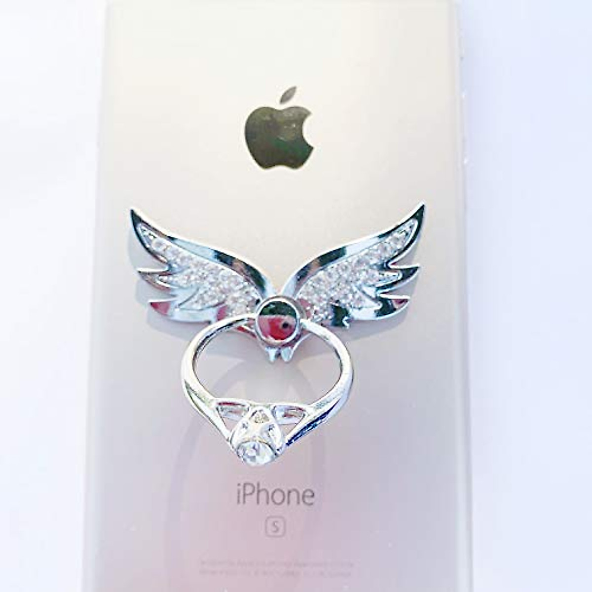 Universal 360 Degree Rotating Finger Ring Stand Holder Kickstand for Cell Phone iPhone Tablet iPad - Crystal Angel Wings (Silver)
