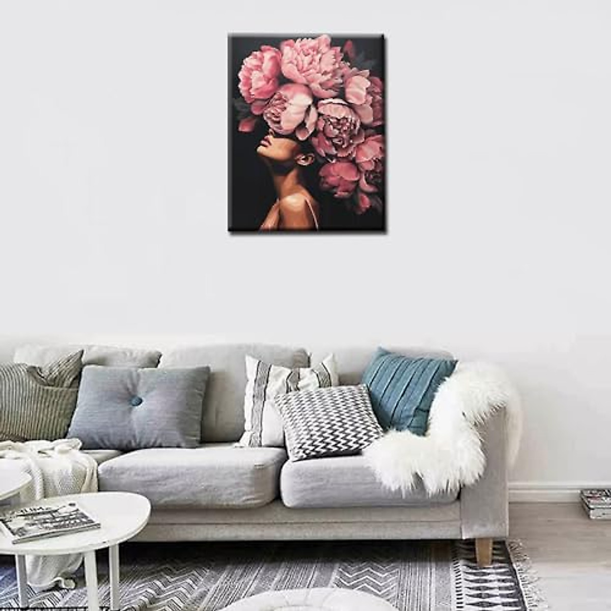 Tucocoo Fashion Head Painting by Numbers Pink Flower Abstract Drawing Nordic Wall Decoration Oil Paint by Numbers Beautiful Woman Head Flower Paint by Numbers for Adults Without Frame-16''Wx20‘’H