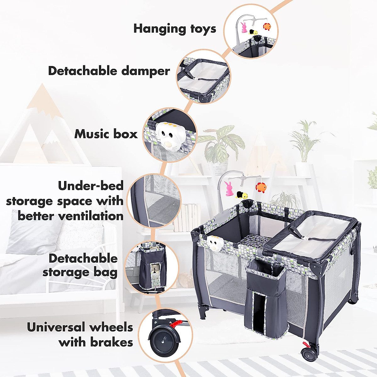 HONEY JOY Portable Baby Playard, 3-in-1 Pack and Play with Infant Bassinet, Diaper Changer & Toy Bar, Lockable Wheels, Toddler Play Yard w/Carry Bag Gray