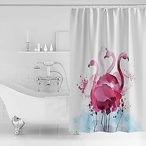 Pink Flamingo Waterproof Shower Curtains Set - Extra Long 72 x 84 Inch, Watercolor Pink Blue Animals Polyester Fabric Bathroom Curtain with 12 Hooks, Bathroom Accessories, 1 Panel