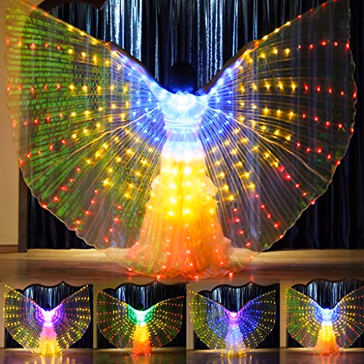 Cegduyi Women LED Belly Dance Angel Isis Wings Dancing Wings Colorful Butterfly Wings with Telescopic Stick