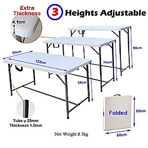 deaciber 4ft Folding Table with 3 Adjustable Heights Heavy Duty Indoor Outdoor for Garden Party Patio BBQ Dining Picnic Camping