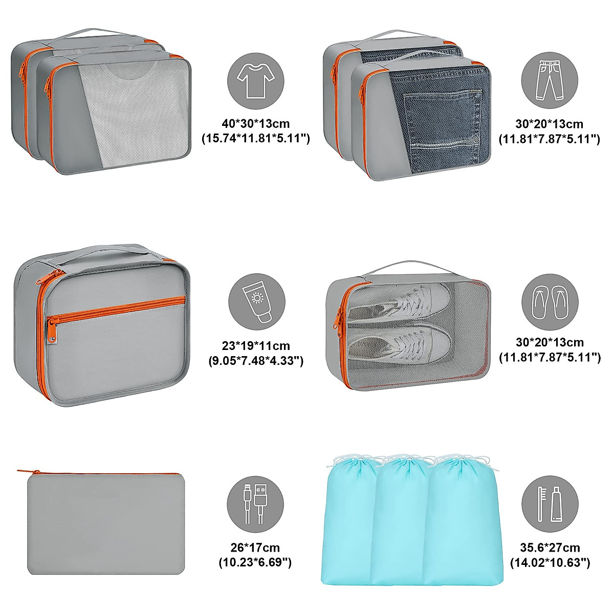 DIMJ Packing Cubes for Travel, Travel Cubes for Packing, Luggage Packing Cubes with Shoe Bag, 10 Pack Mesh Packing Cubes for Suitcases, Travel Cubes with Cosmetics Toiletries Bag (Grey)