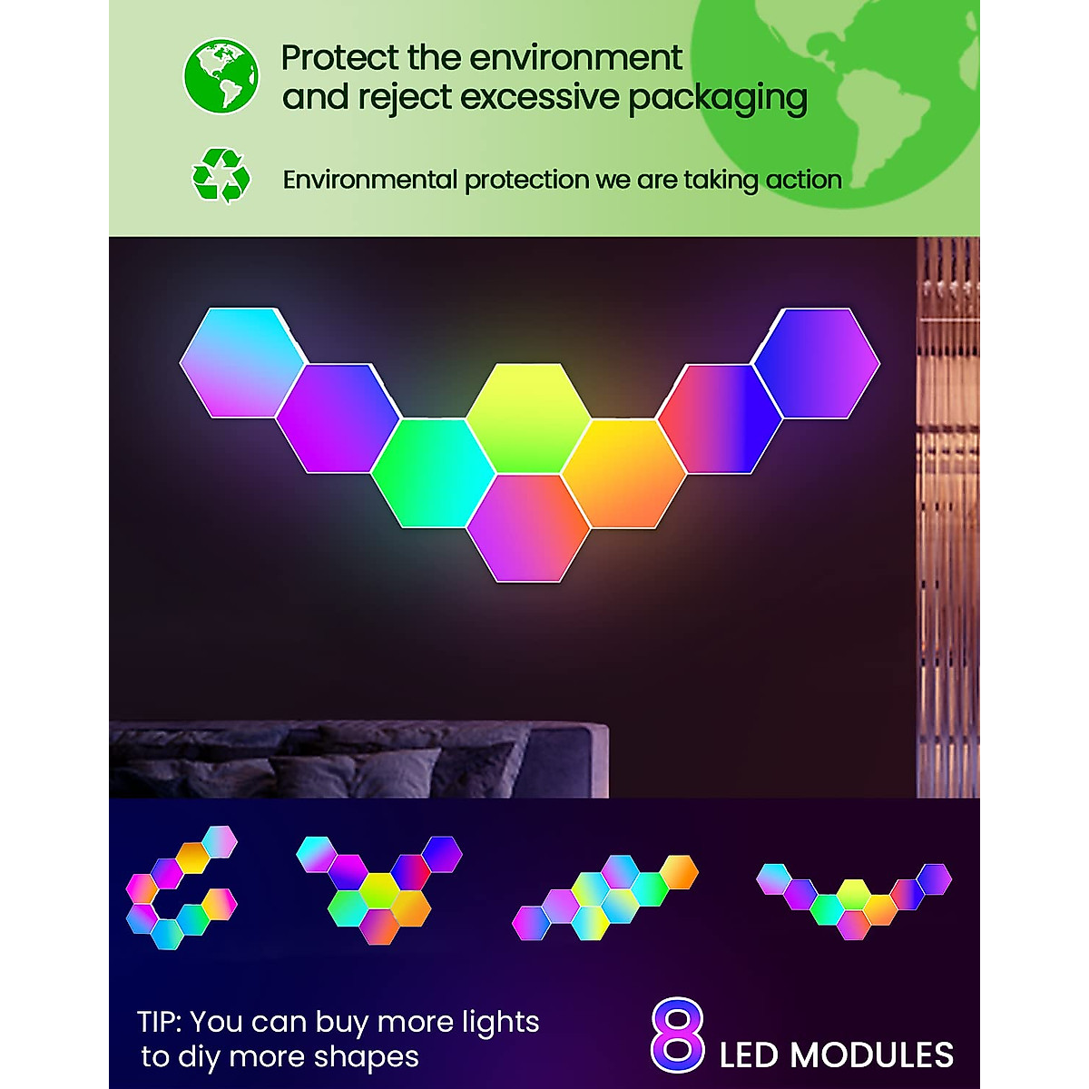 NIUCOO 8 Pack Hexagon Led Lights Wall Panels: RGB Gaming Lights with APP Smart Modular Panel Hex Tiles Push Glide Expansion Shapes Lights