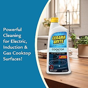 Cerama Bryte Combo Kit POW-R Grip, Scraper, Pads & Removes Tough Stains Cooktop and Stove Top Cleaner for Glass - Ceramic Surfaces, 10 Ounces, 6 Piece