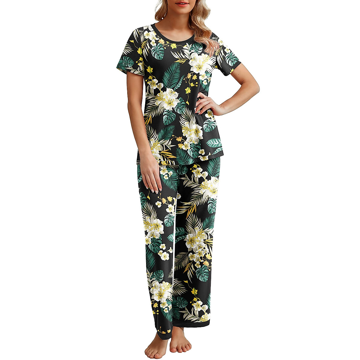 PrinStory Womens Pajama Sets 2025 Short Sleeve Pajama Sets for Women 2 Piece Lounge Set Ladies Soft Pjs FP-Green Leaf Lily-L