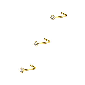 FANSING 3pcs 22g 1.5mm Clear CZ Nose Rings 22 Gauge Nose Studs L Shape Nose Rings Studs for Women Gold Plated Surgical Steel Nostril Piercing Jewelry