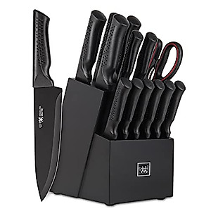 knife set, Dishwasher Safe Kitchen Knife Set with Block, 15 Pcs Black knife sets for kitchen with block Self Sharpening, 6 Steak Knives, Anti-slip handle, Black